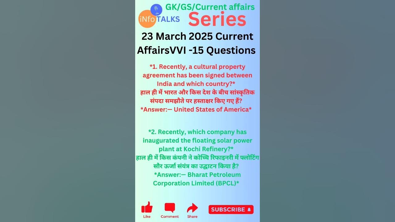 23 March 2025 Current Affairs VVI 15 Questions with Answer - YouTube