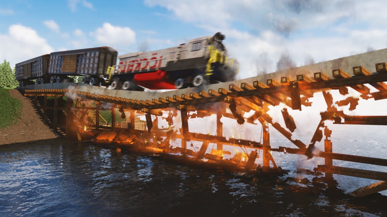 Train VS Dynamic Wooden Bridge On FIRE #2 | Teardown - YouTube