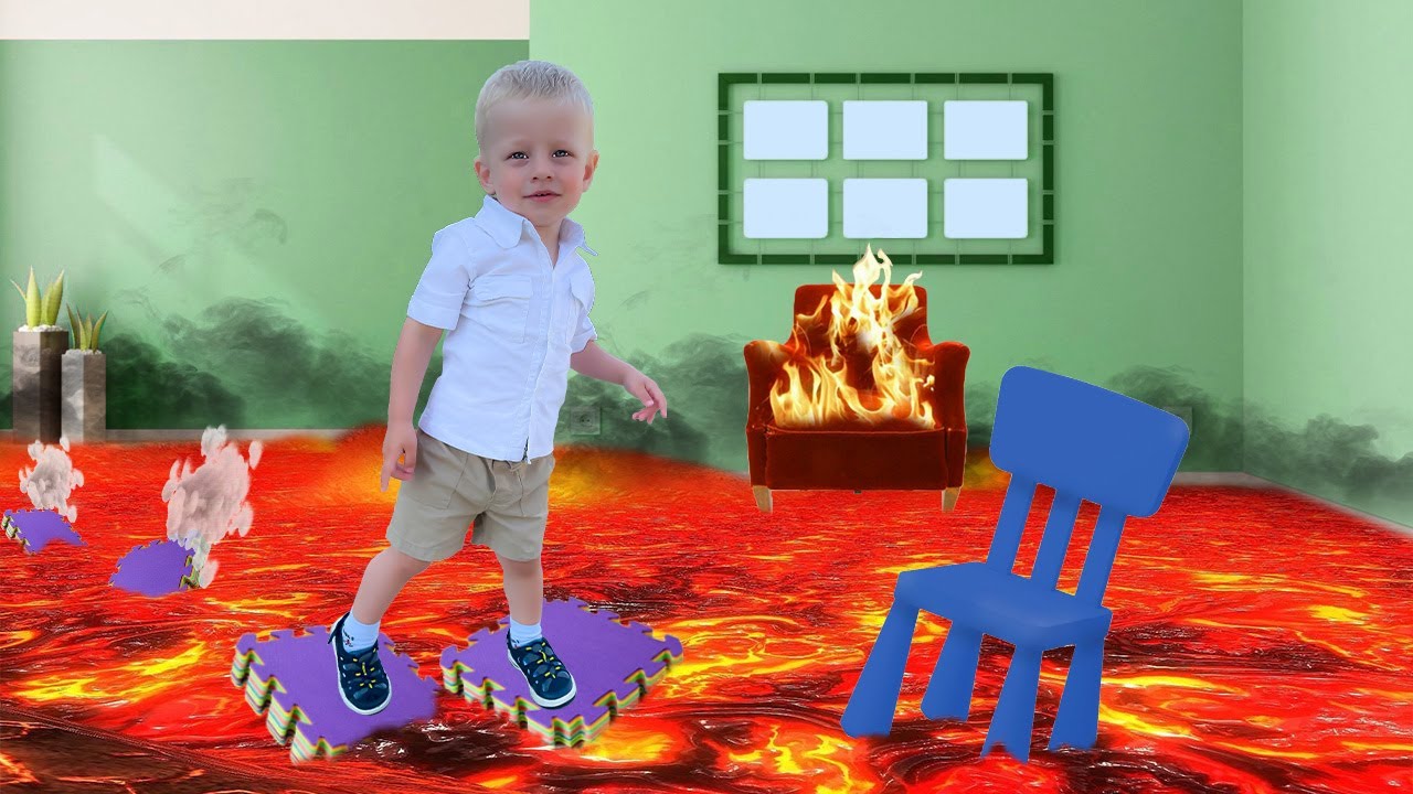 The kid is playing the FLOOR is LAVA! Colored blocks and other games ...