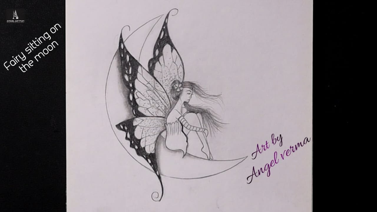 Fairy I Sketch of an angel sitting on the moon I Angel Artfun I Angel ...