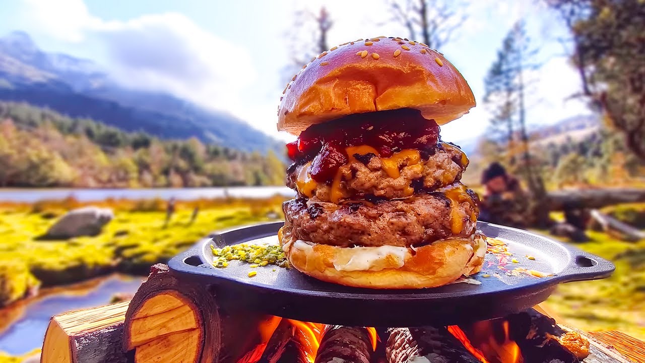 Ultimate Wilderness Burger! 🍔 Cooking Relaxing Beef Hamburger in Nature ...