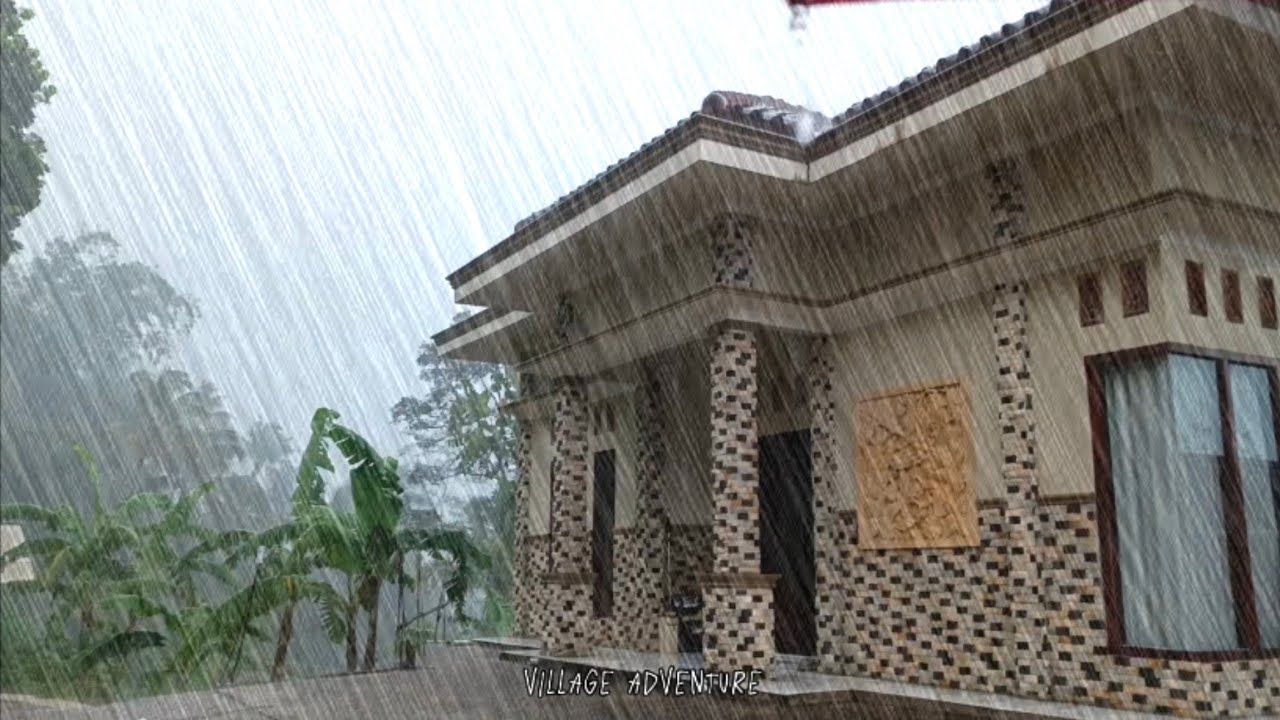 Walking during heavy rain and thunderstorms, heavy rain in the village ...