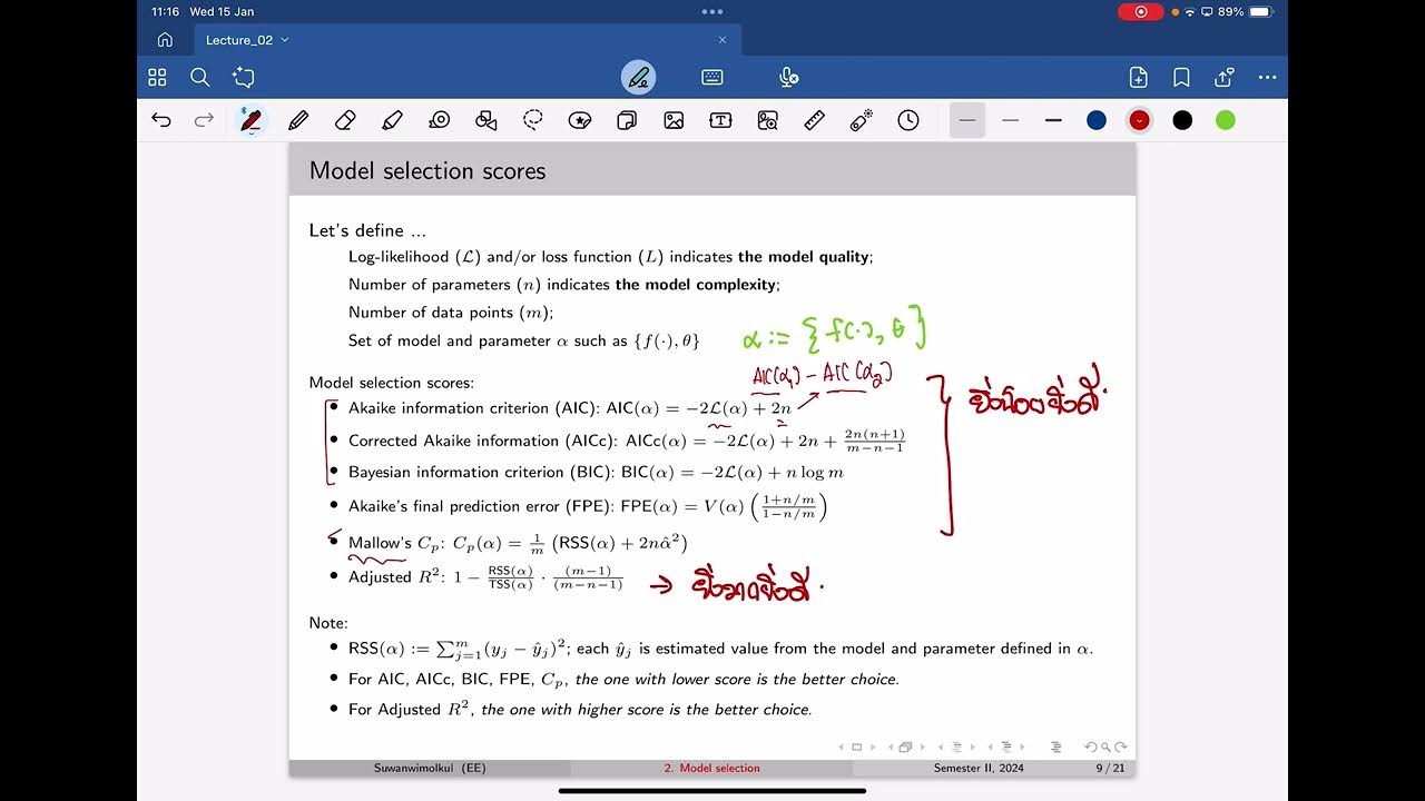 Statistical Learning-2102575-Lecture-3-1 Details of the model selection scores (AIC, AICc, BIC ...