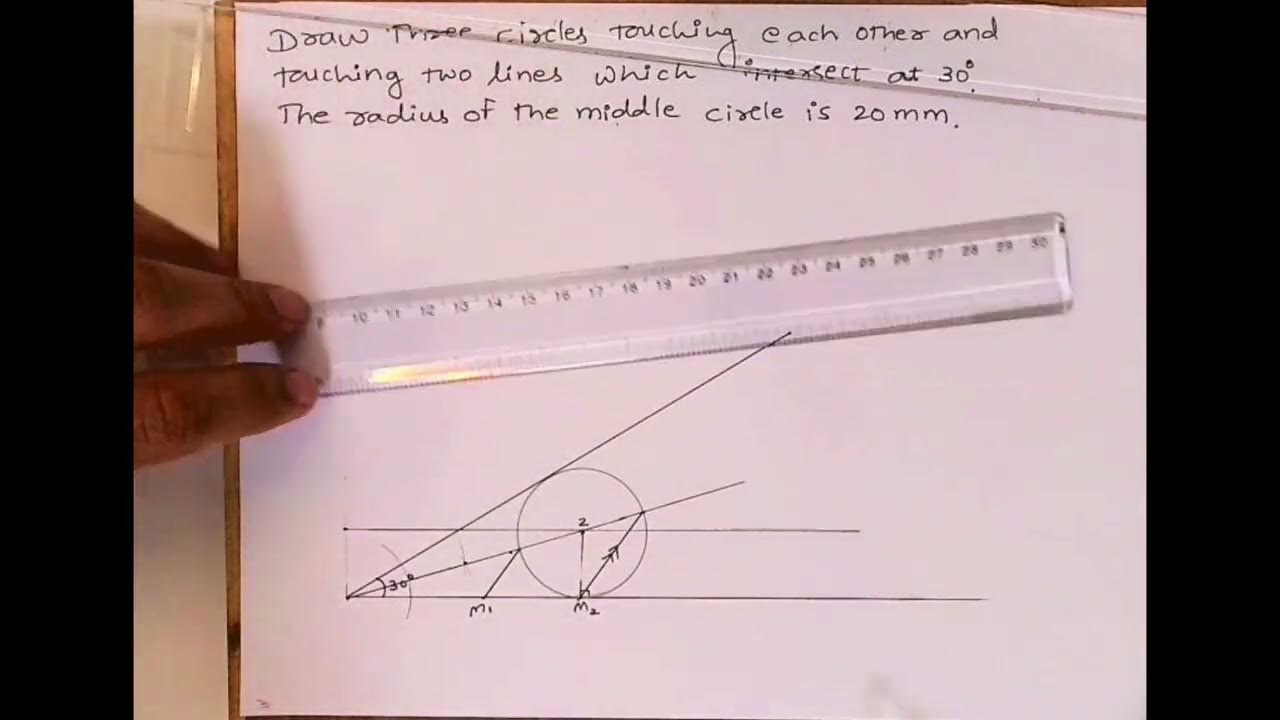 Draw three circles touching each other and touching two lines which ...