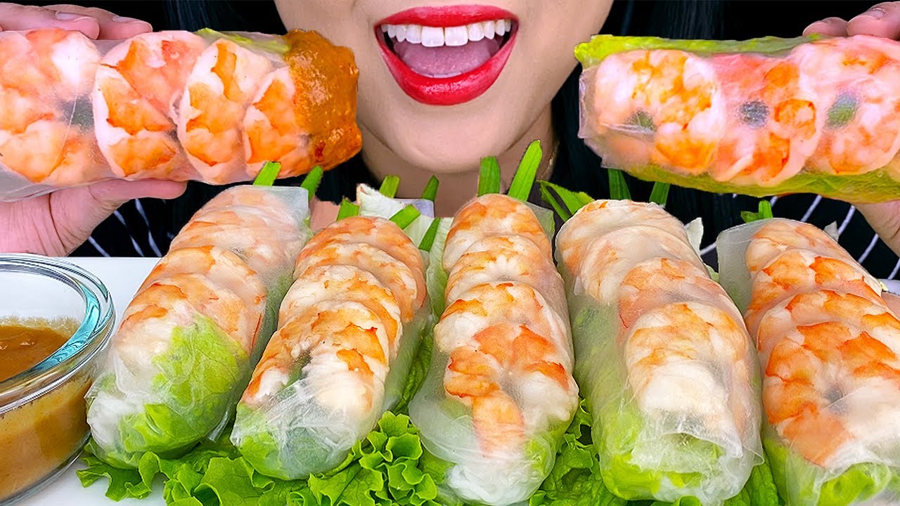 ASMR SHRIMP SPRING ROLLS * Fresh and Healthy * (Crunchy Eating Sounds ...