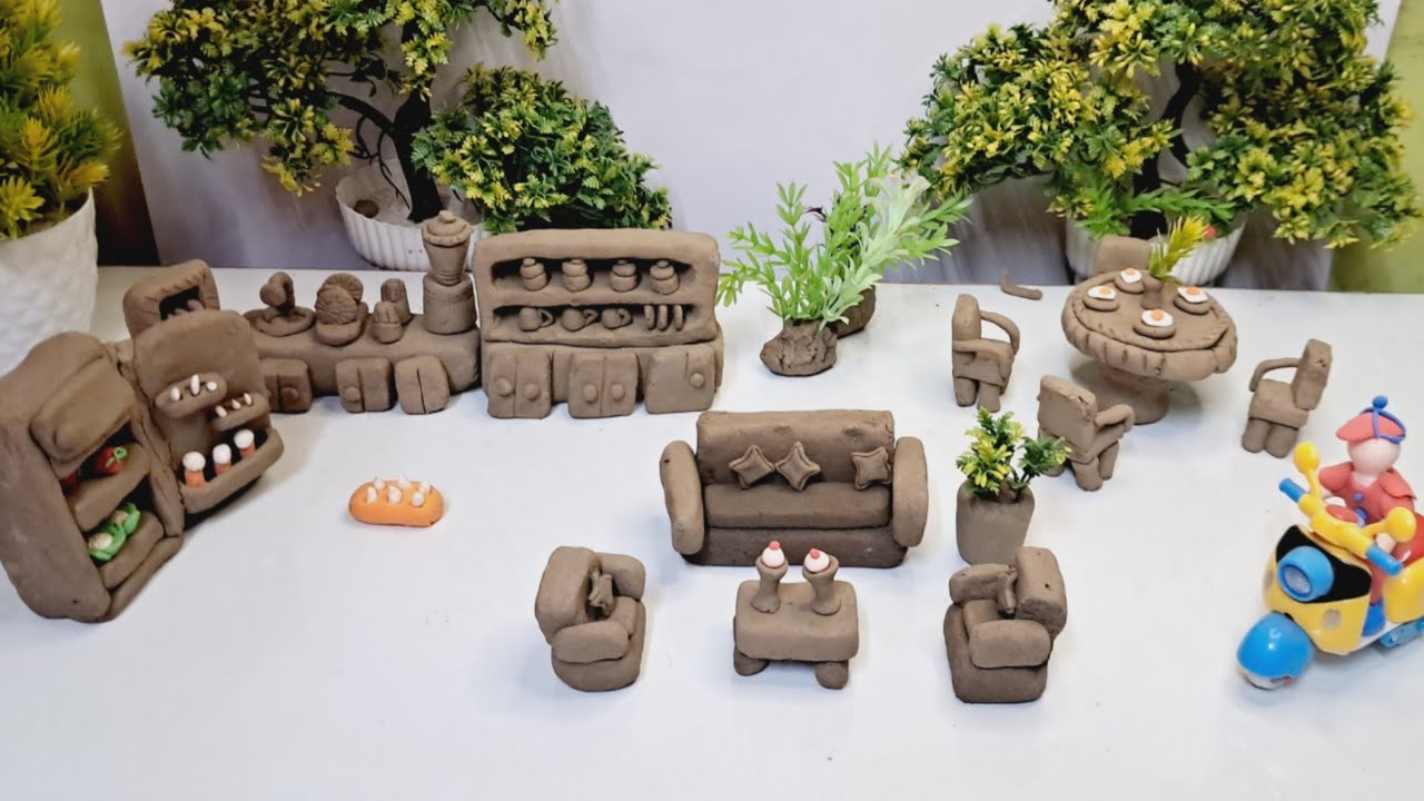 DIY How to make miniature clay kitchen set।।sofa set।।Dinning Table ...