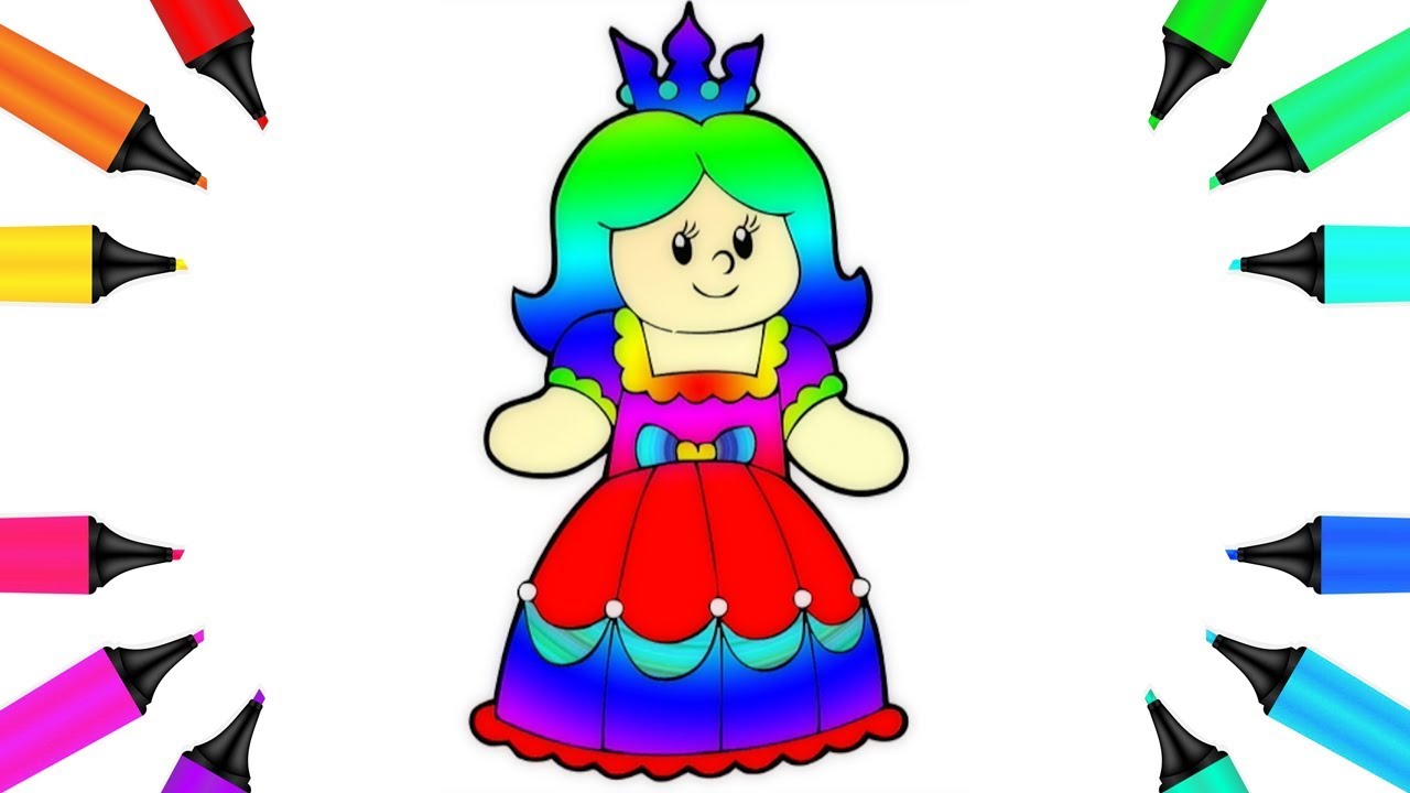Princess Doll Drawing and Coloring Page with a Rainbow Magic Marker ...