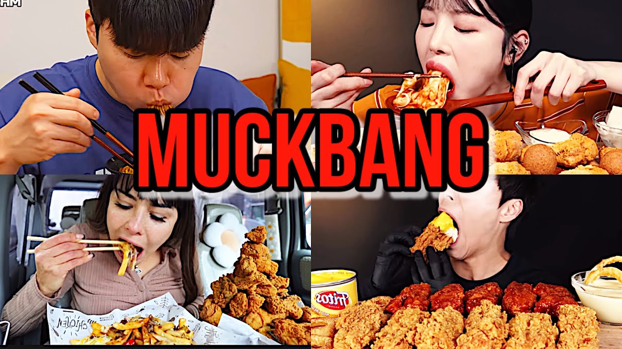 EATING ASMR MUCKBANG CHEESE CHICKEN KIMCHI BLACK BEAN NOODLES EGG (No ...