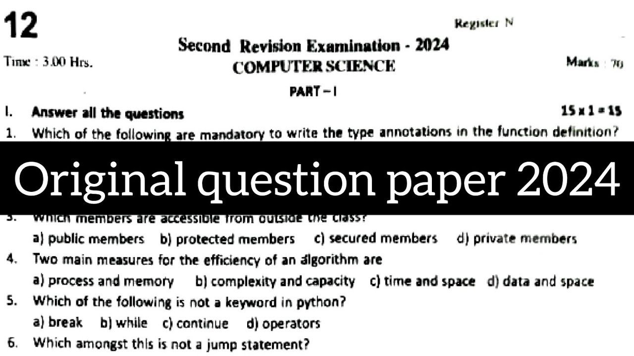 12th computer science second revision exam original question paper 2024 ...