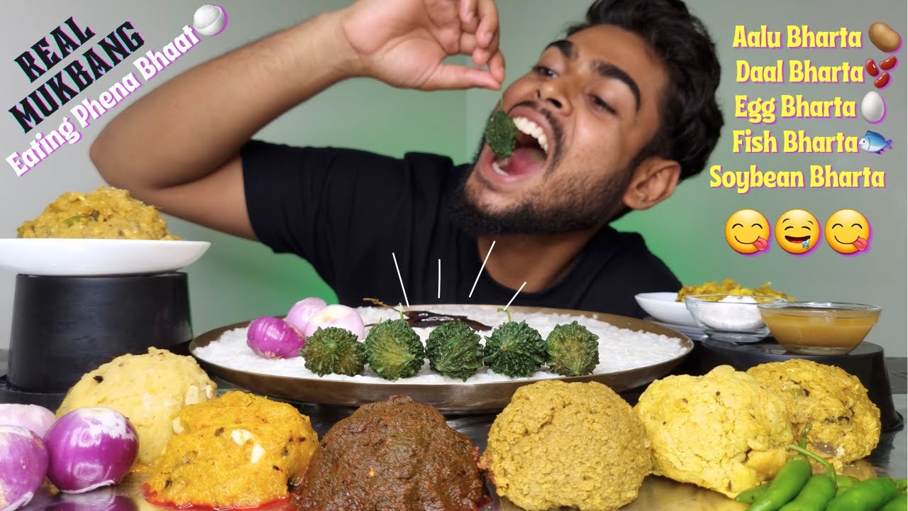 ASMR:Eating Phena Bhaat(Congee),Nine Types of Bharta😋||🥚Bharta,🐟Bharta ...