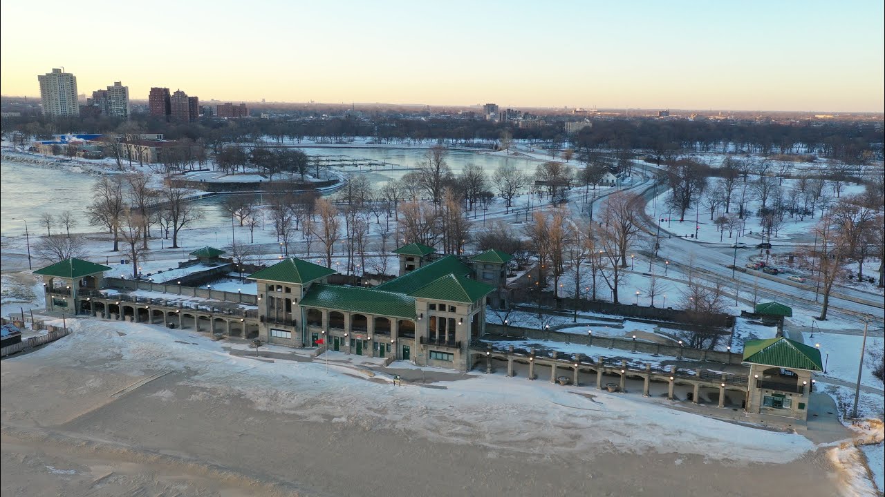 Drone View Of 63rd Street Beach House At Sunrise - Snowy Chicago ...