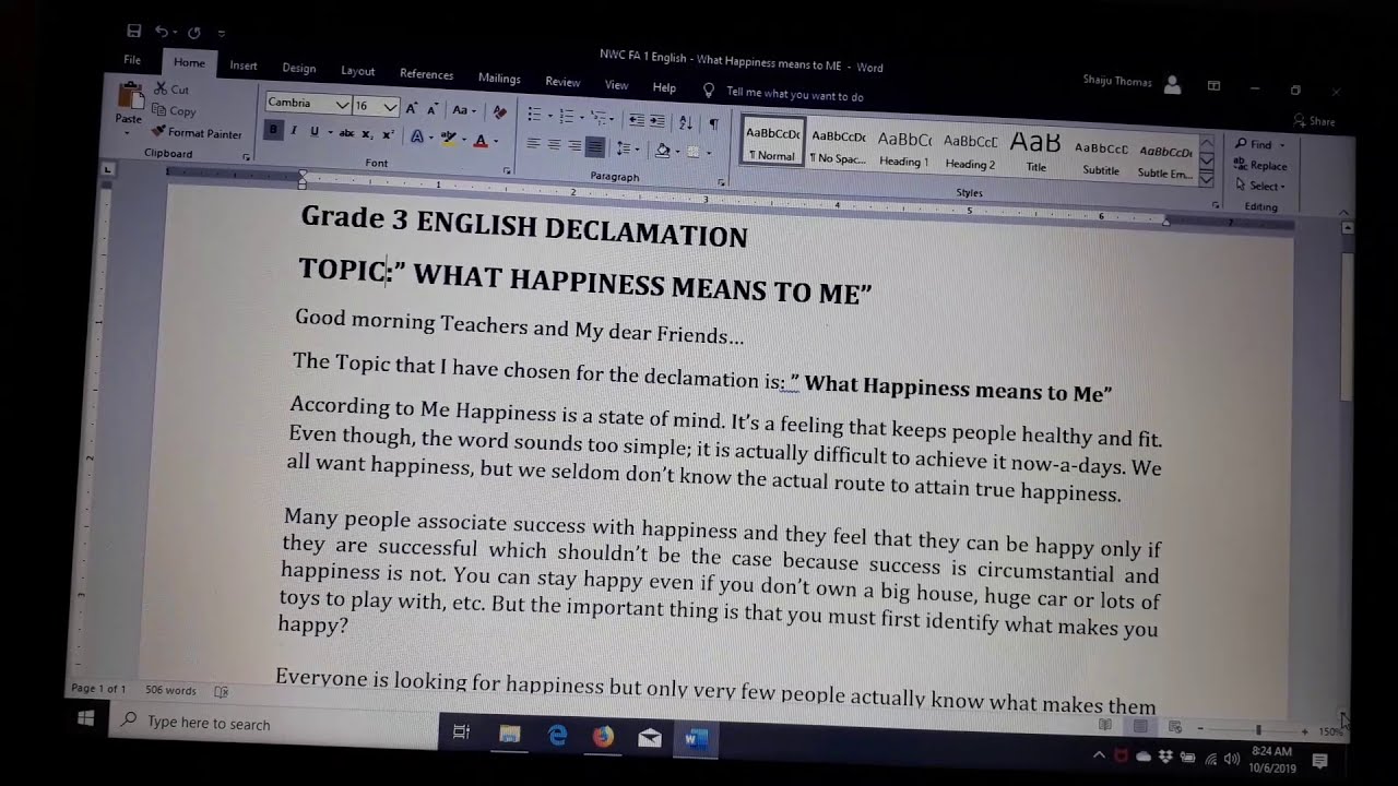 Grade 3,English Declamation Topic: "What happiness means to Me". - YouTube