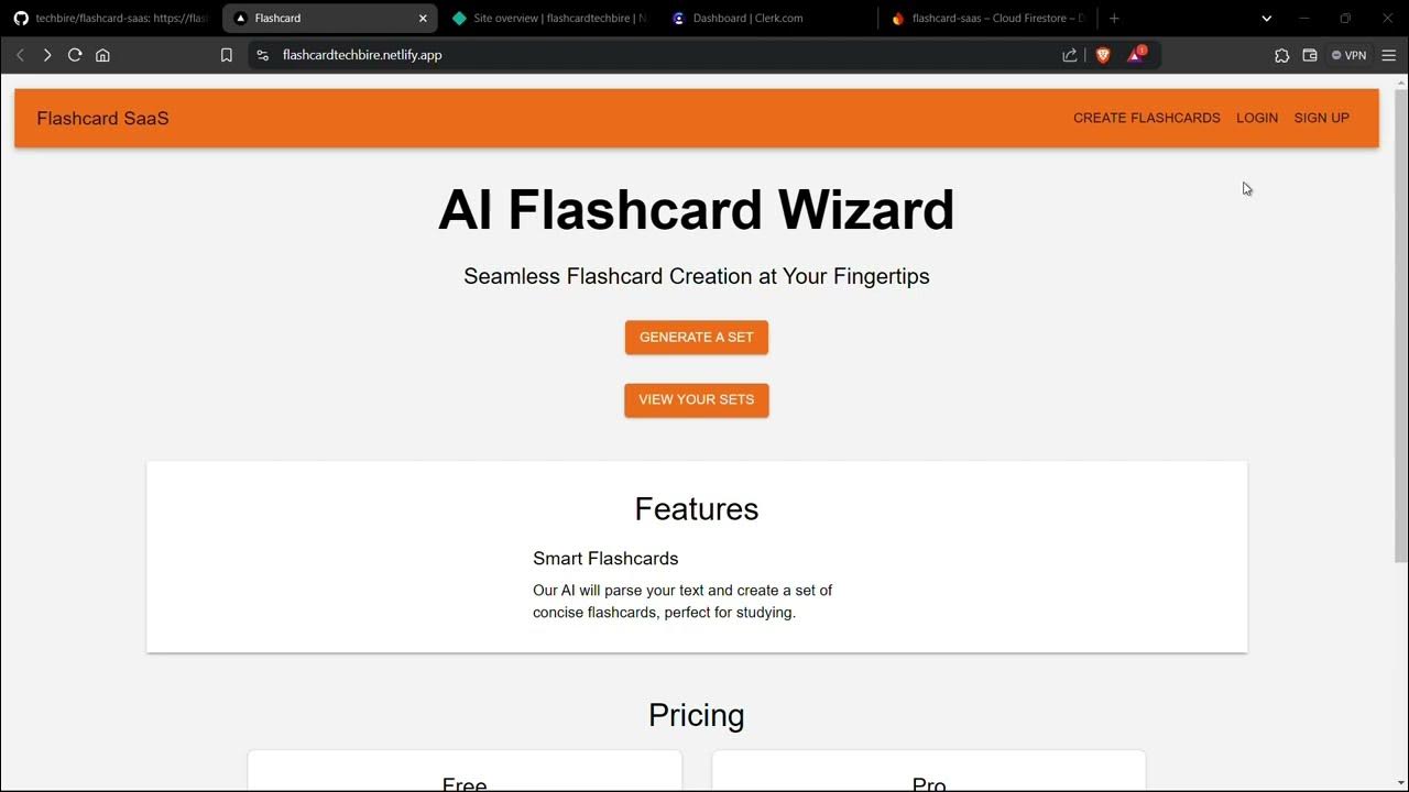 Flashcard AI SaaS - Next.js + Clerk/Stripe + Firebase + Gemini + Netlify Project Demo | Source ...