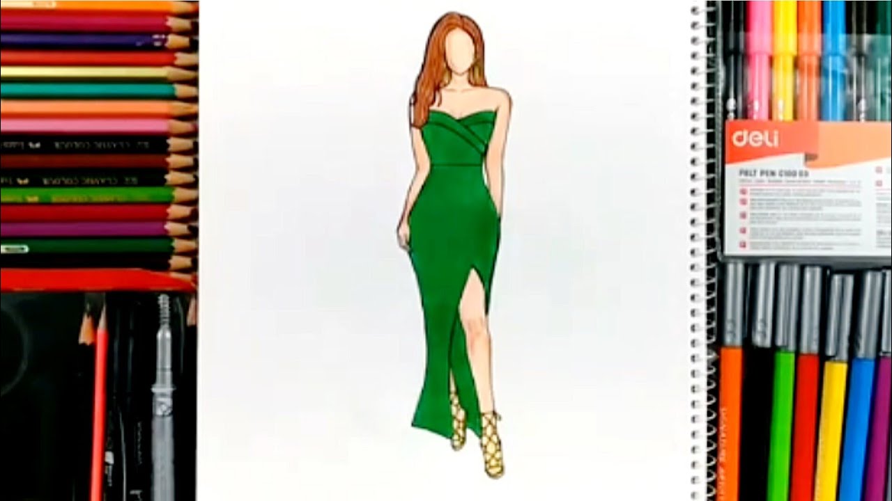 HOW TO DRAW GREEN MAXI DRESS GIRL || AROMA KHAN - YouTube