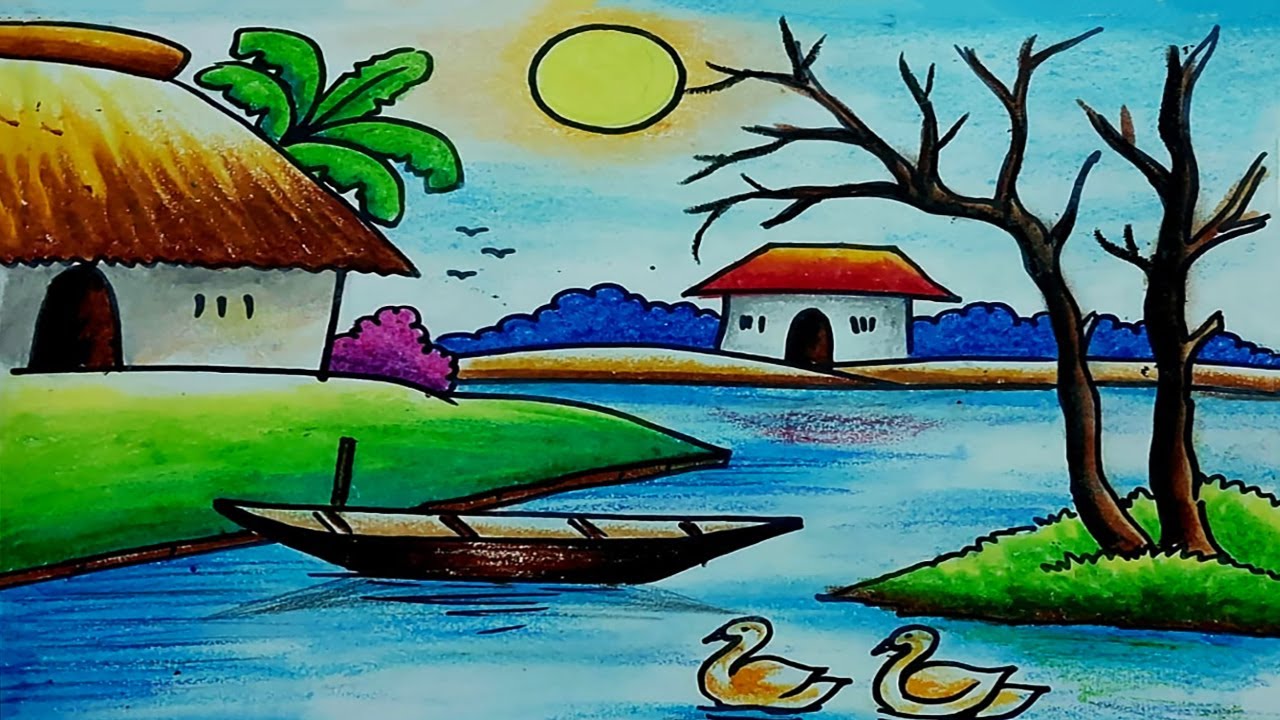 How to draw a scenery of beautiful nature landscape step by step with ...