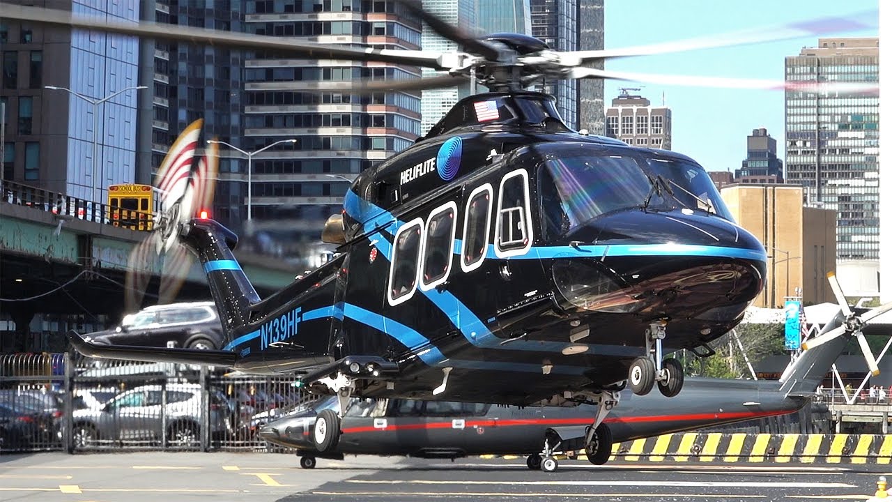 Luxurious AgustaWestland AW139 landing & takeoff at New York East 34th ...
