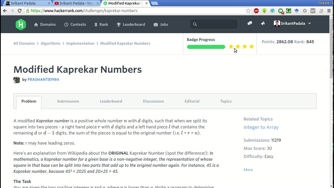Hakcerrank Modified Kaprekar Numbers Solution Youtube