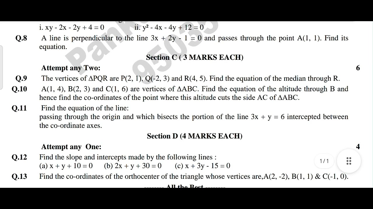 11th Science ll Mathematics and Statistics ll Straight Line -Test paper ...