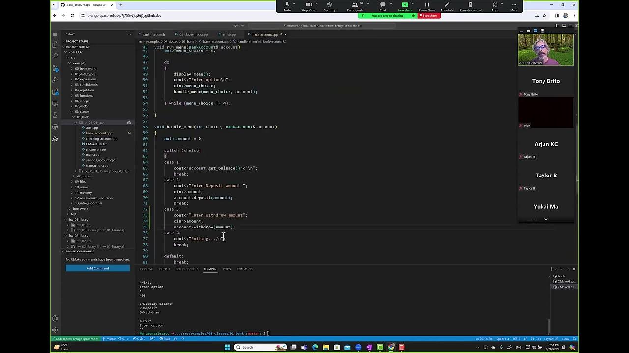 032624 COSC 1337 C++ Object-oriented: update main app with Withdraw - YouTube
