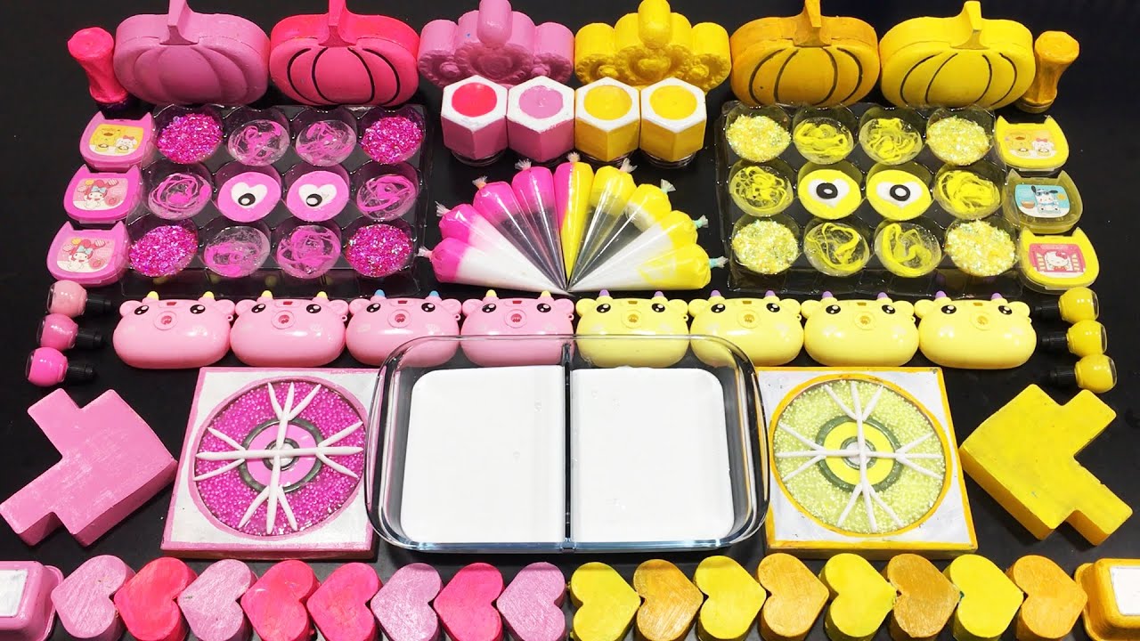 PINK vs YELLOW Slime ! Mixing Random Things Into GLOSSY Slime !! ASMR ...