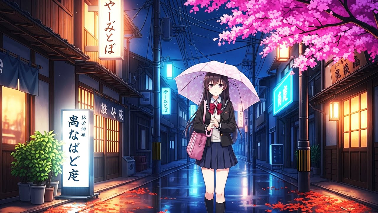 Sakura Night Walk 🌙 – Relaxing Lofi Ambience in Rainy Anime Street ...