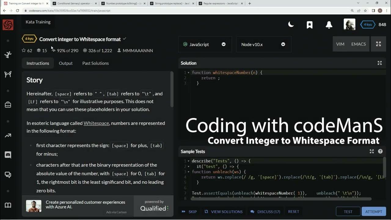 Codewars 6 kyu Convert Integer to Whitespace Format Javascript - YouTube
