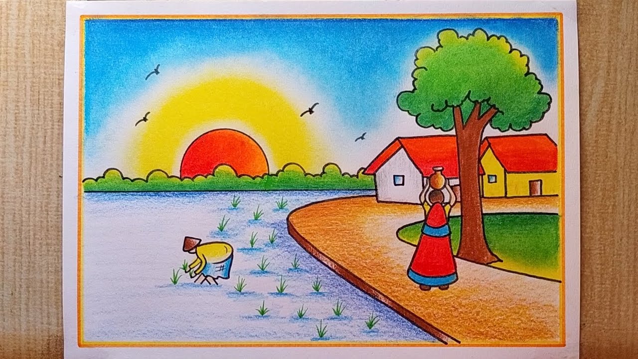 Paddy field with farmer scenery drawing| Village scenery drawing|Tree ...