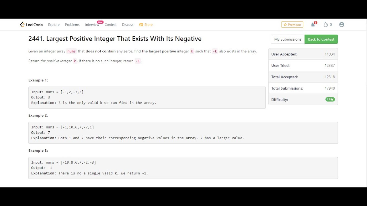 Largest Positive Integer That Exists With Its Negative Leetcode Weekly Contest 315 Youtube 5687