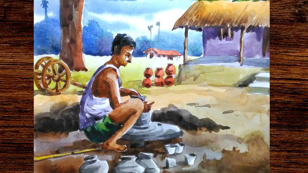 Potter scenery drawing step by step/Working man drawing easy with water ...