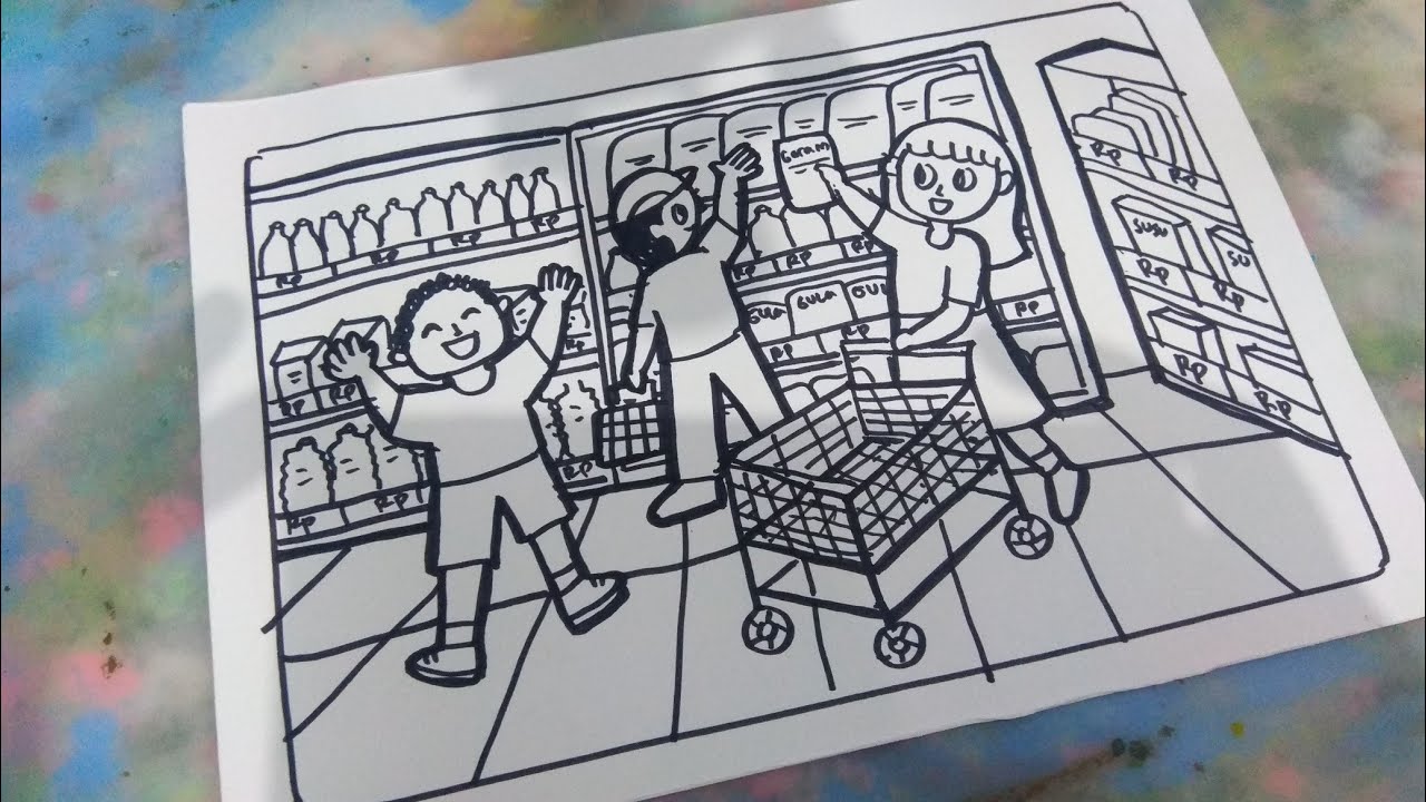 Cara Menggambar Pemandangan Pasar Swalayan - How to Draw Modern Market ...