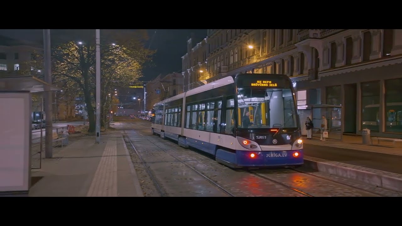 Latvia, Riga, Nacionālā Opera Tram Stop @ night - YouTube