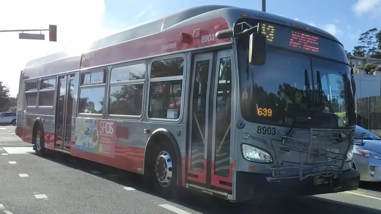 SF Muni New Flyer XDE40s #8903 on Route 43, #8874 on Route 44 at Laguna ...