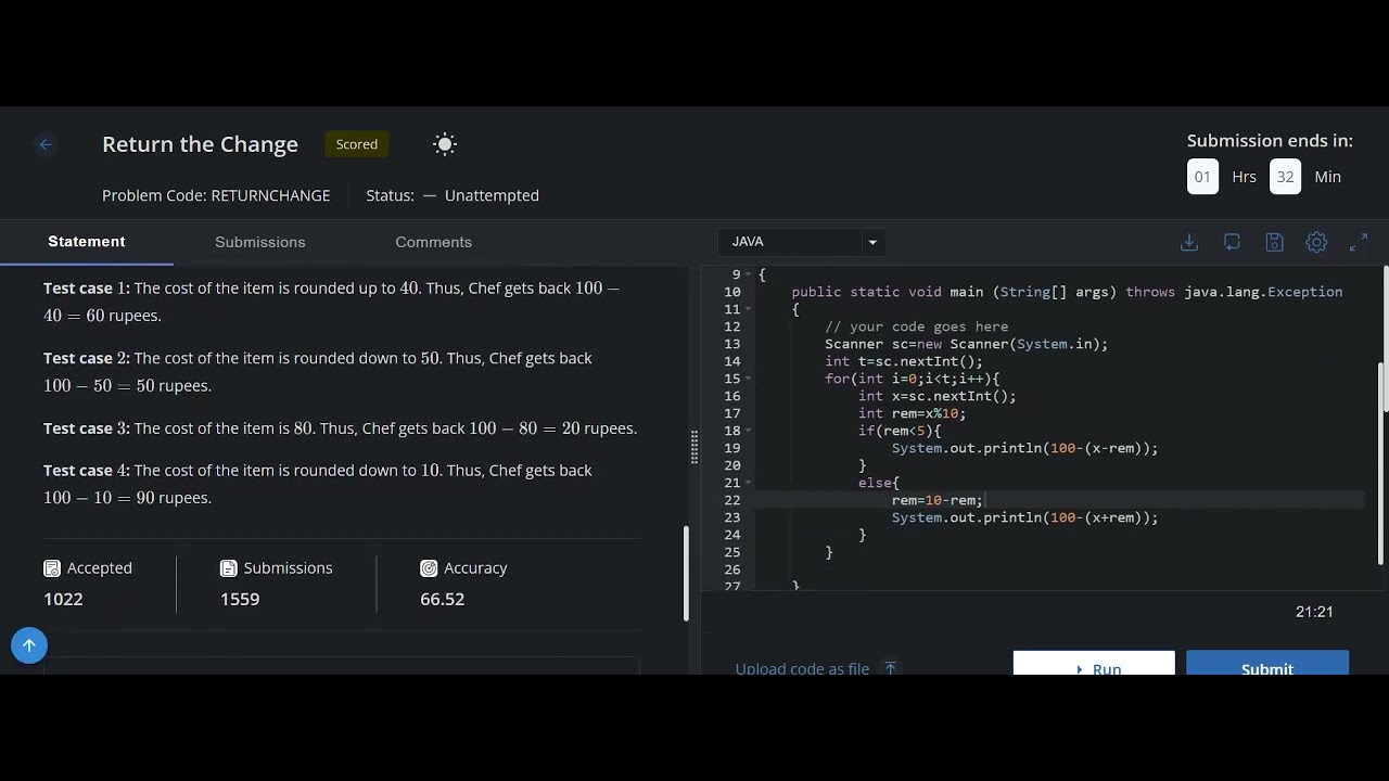 Return the change codechef solution starters 87 - YouTube