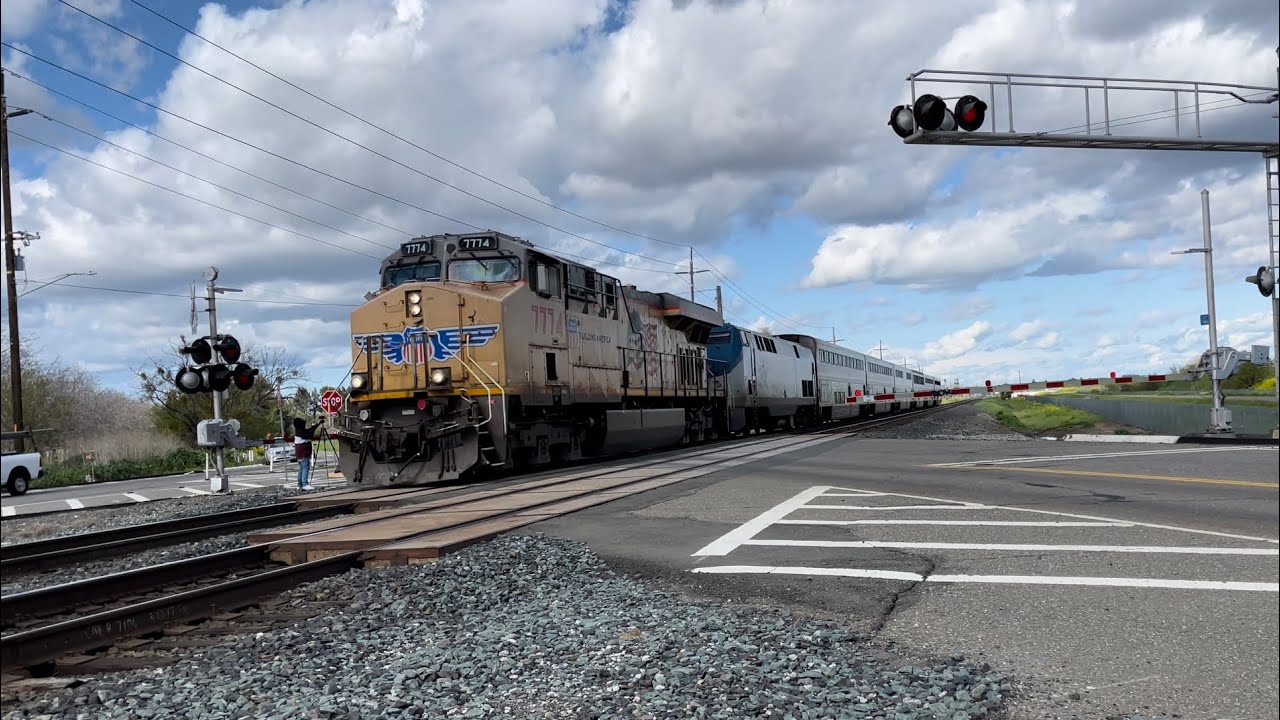 3 Amtraks at Pitt School Rd Dixon ft UP Leader on the Coast Starlight ...