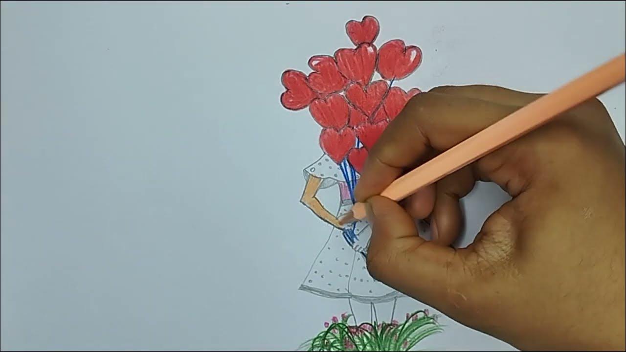 how to draw a girl holding balloons | draw a girl | balloon drawing ...