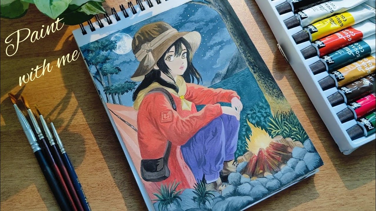 Painting an Anime Girl sitting beside a Campfire 🔥/ Gouache Painting 🎨🖌 ...