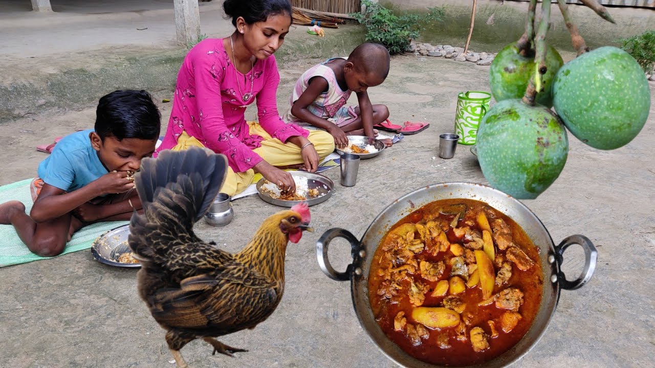 How santali girl cooking Chicken recipe with mango in village style ...