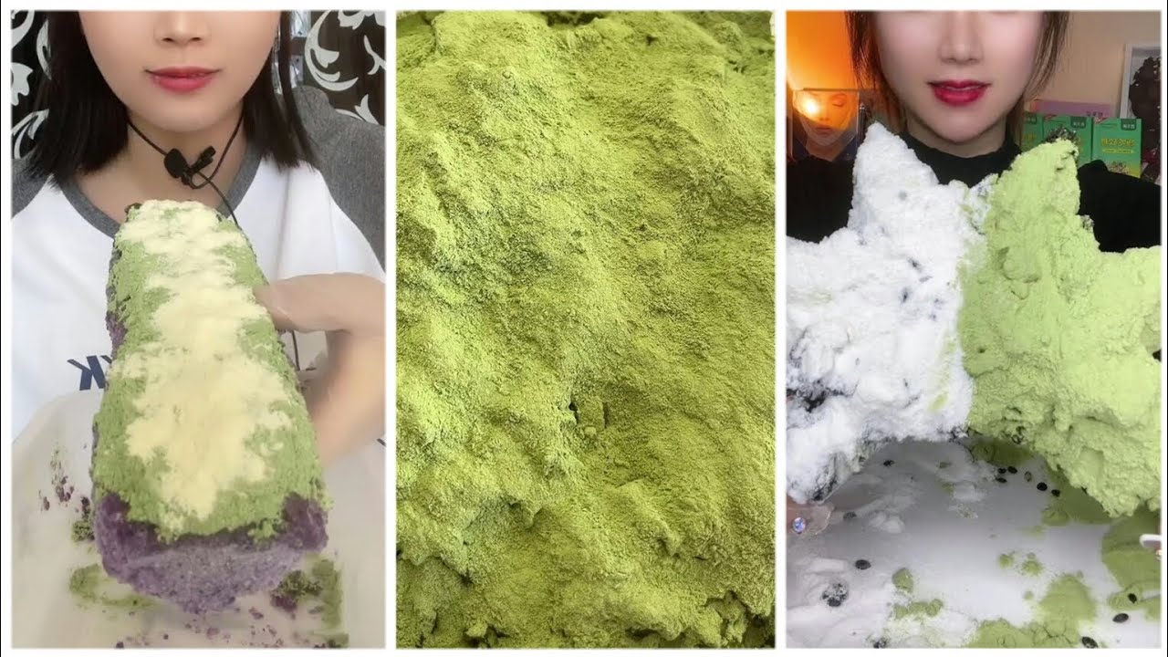 ICE EATING WITH COCONUT / MILK POWDER/ MATCHA/ RELAXING SOUND OF EATING ...