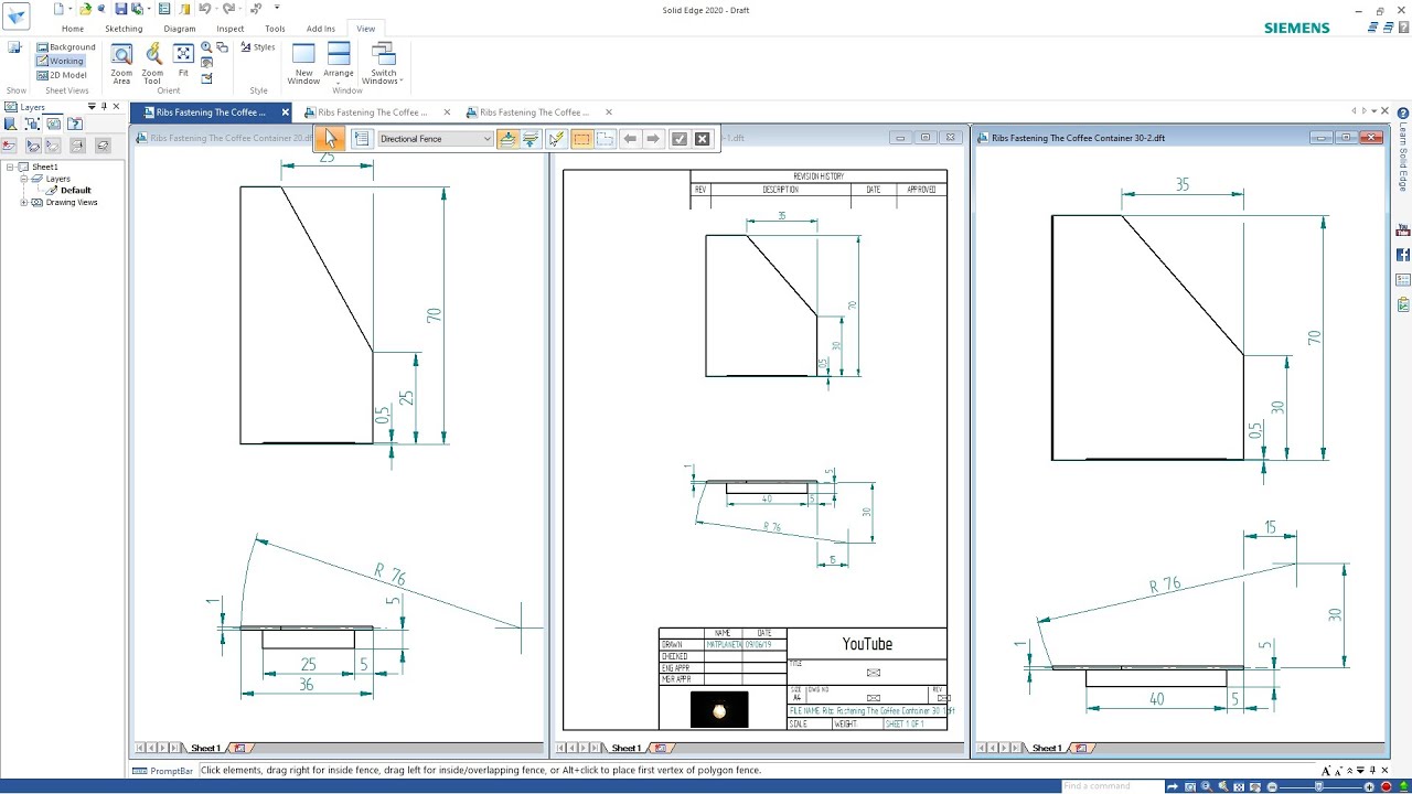 SOLID EDGE 2020 - RIBS FASTENING THE COFFEE CONTAINER - DRAWING - COFFEE MACHINE - YouTube