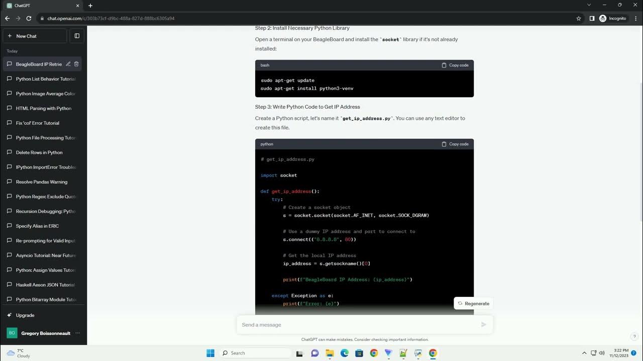 Getting IP address of the beagleboard using python - YouTube