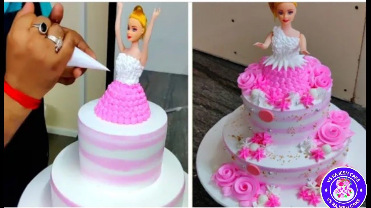 2 Step Doll Cake Design | Pink and white Barbie Cake | Two Tier Doll ...