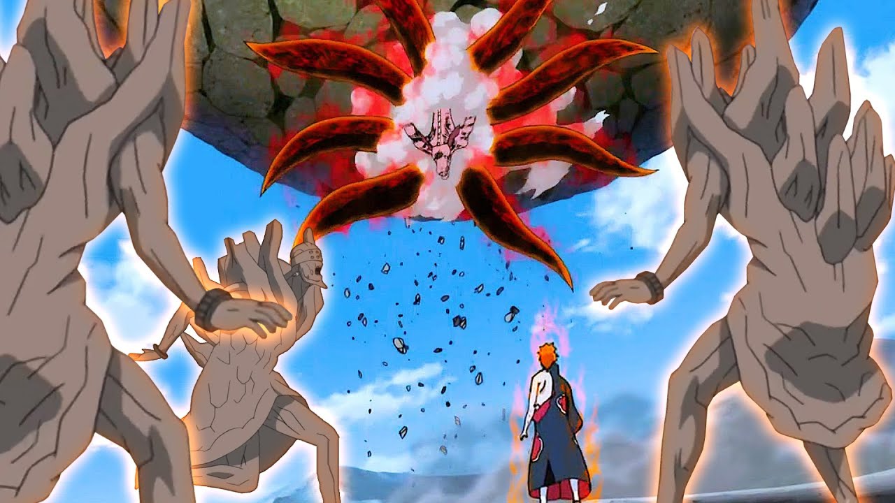 Pain convoca 3 estátuas de Mazo Gedo para lutar contra o Kyuubi de 8 ...