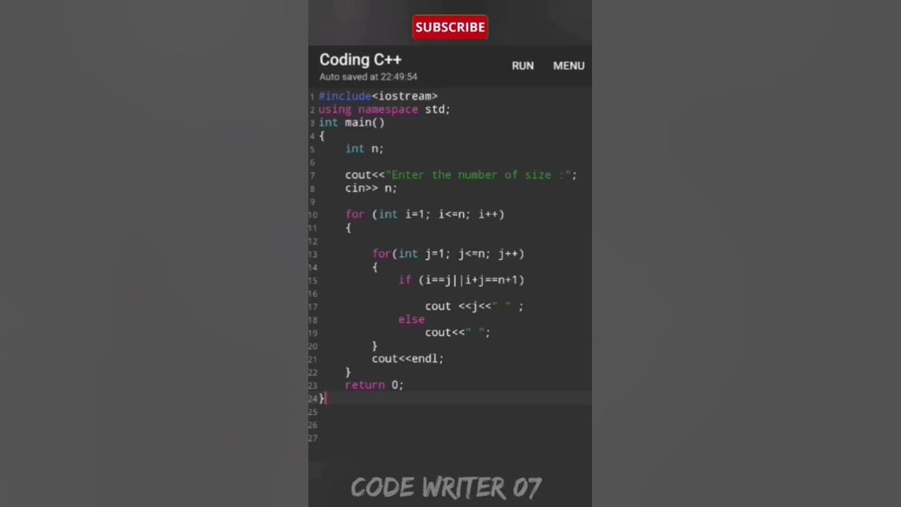 Best C++ pattern program tutorial video || 💯🧠 #codewriter07 #coding #youtubeshorts #programming ...