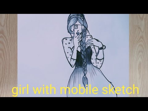 how to draw girl with apple mobile sketch||how to draw girl long hear ...