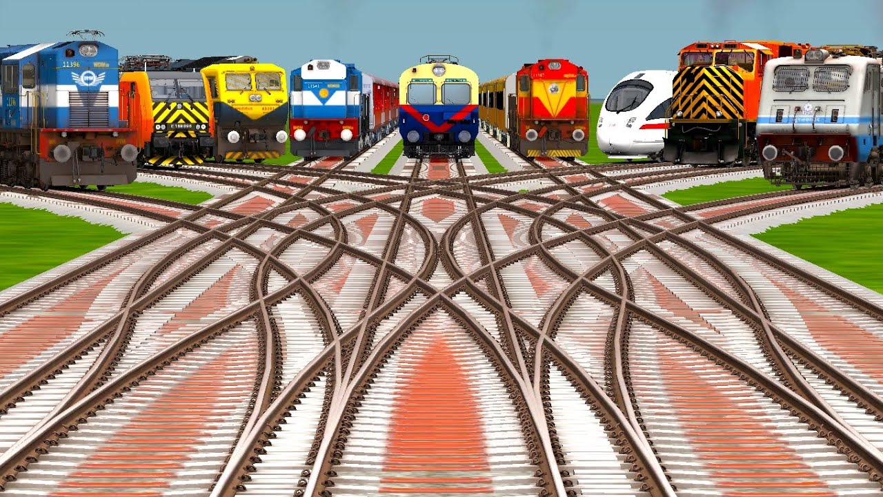 9 TRAINS BYPASS ON BUMPY🔰ZIGZAG RAILROAD CROSSINGS TRACKS | Raju ...