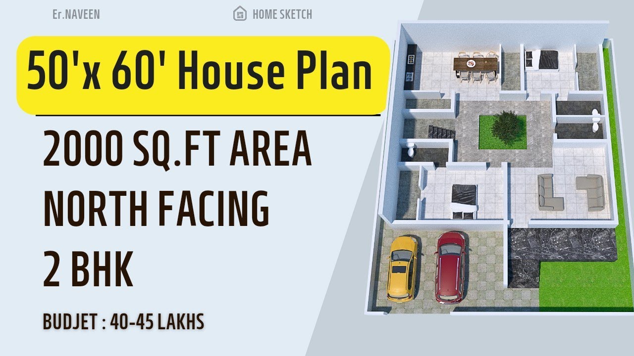 50 x 60 North Facing House Plan with Courtyard | 2000 Sqft Area | 2 BHK ...