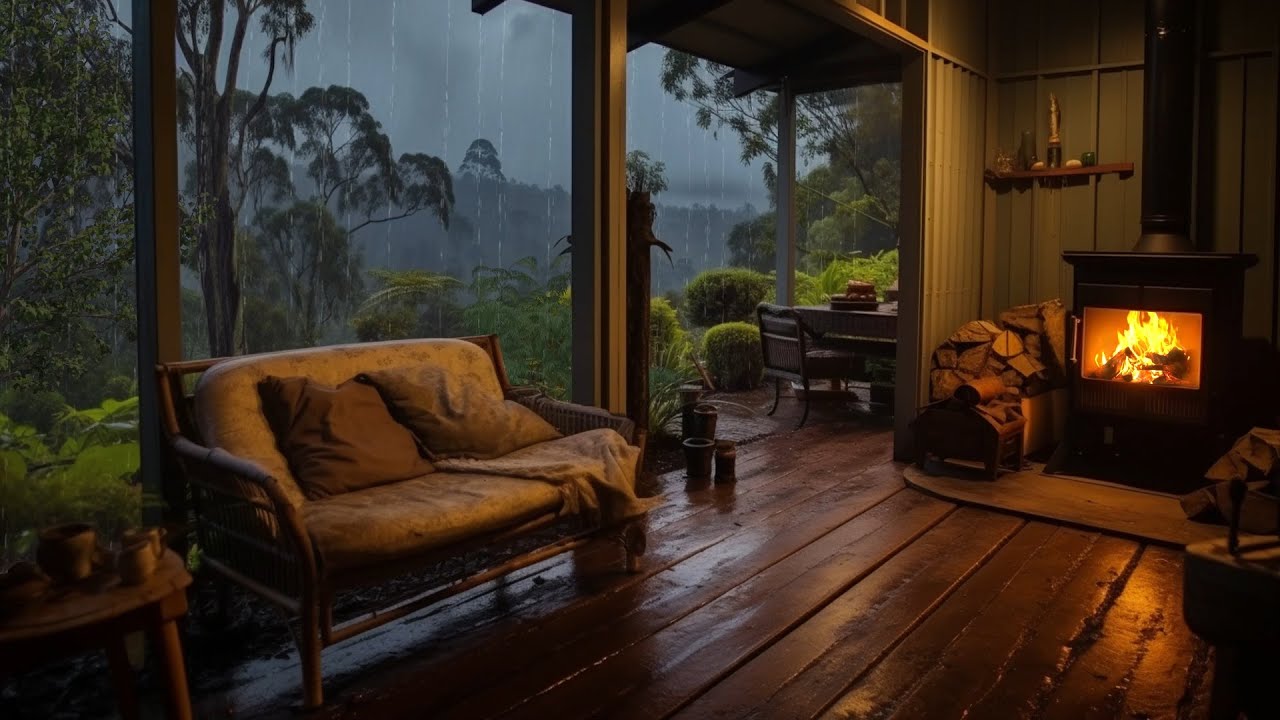 Extreme Thunder & Rain On Balcony with Fire Pit Sounds ⛈ Help Sleep ...