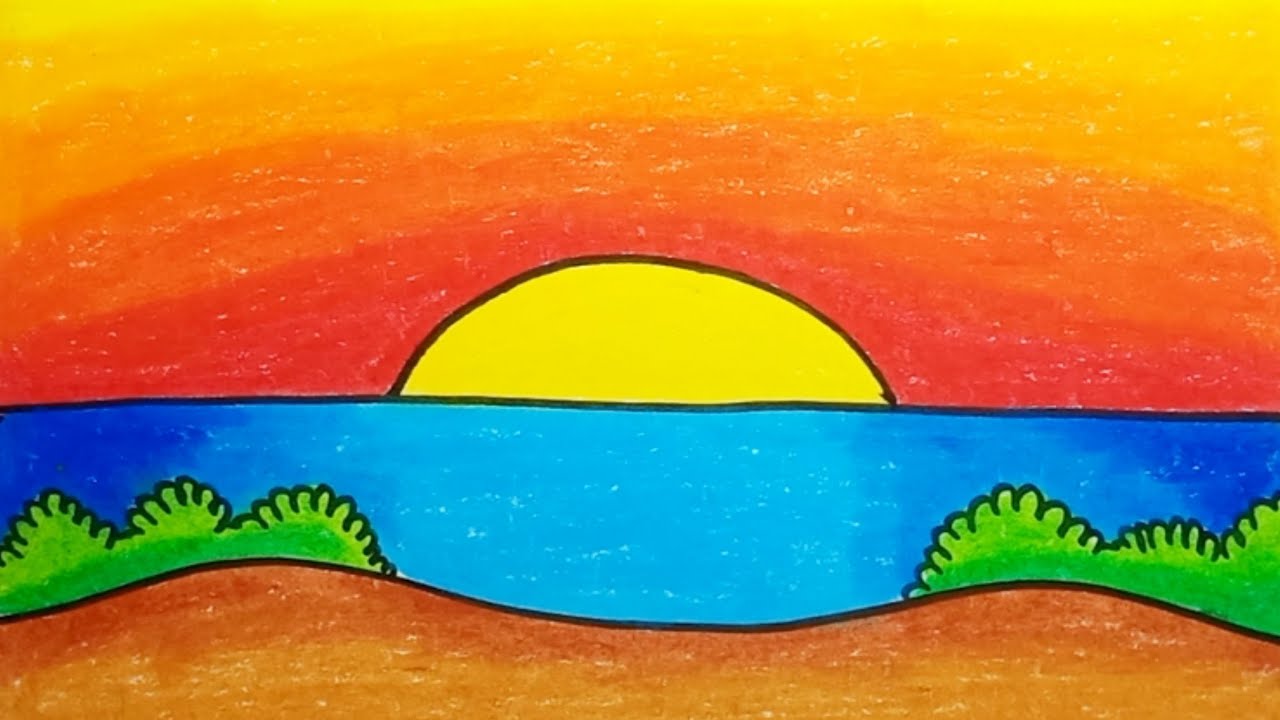 How To Draw A Sunset Scenery Easy For Beginners |Drawing Sunset Scenery ...