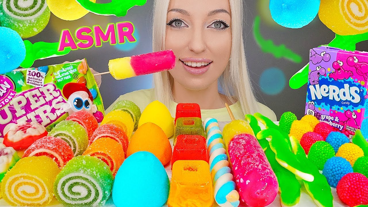ASMR EATING RAINBOW FOOD, CANDY, ICE CREAM, NERDS, MARSHMALLOW, 무지개 사탕 ...
