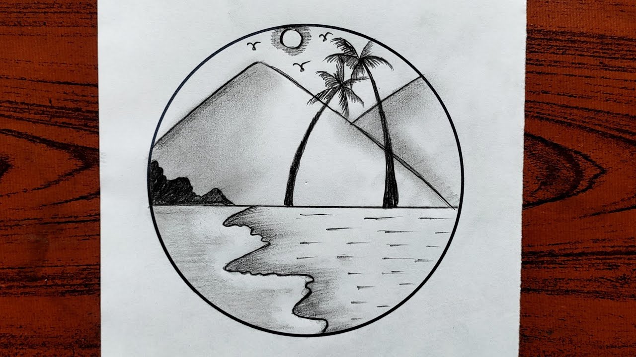 Beautiful sea beach scenery drawing|Circle drawing |Beautiful scenery ...